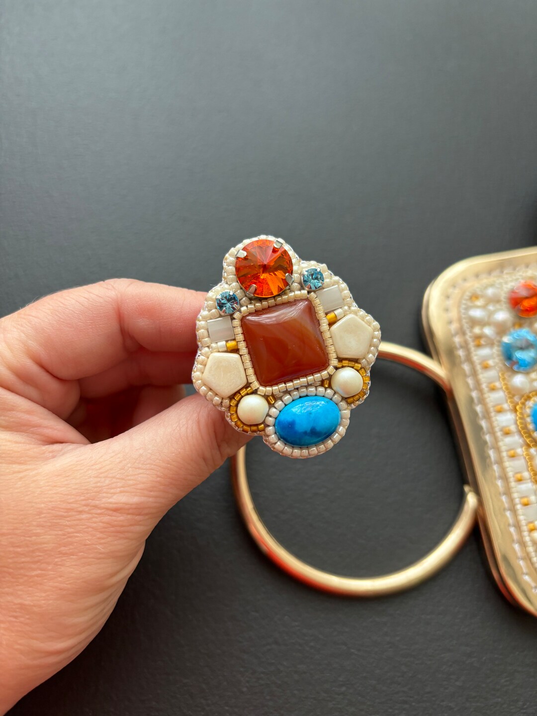 Handmade Large Agate Cocktail Ring With Rhinestones - Etsy