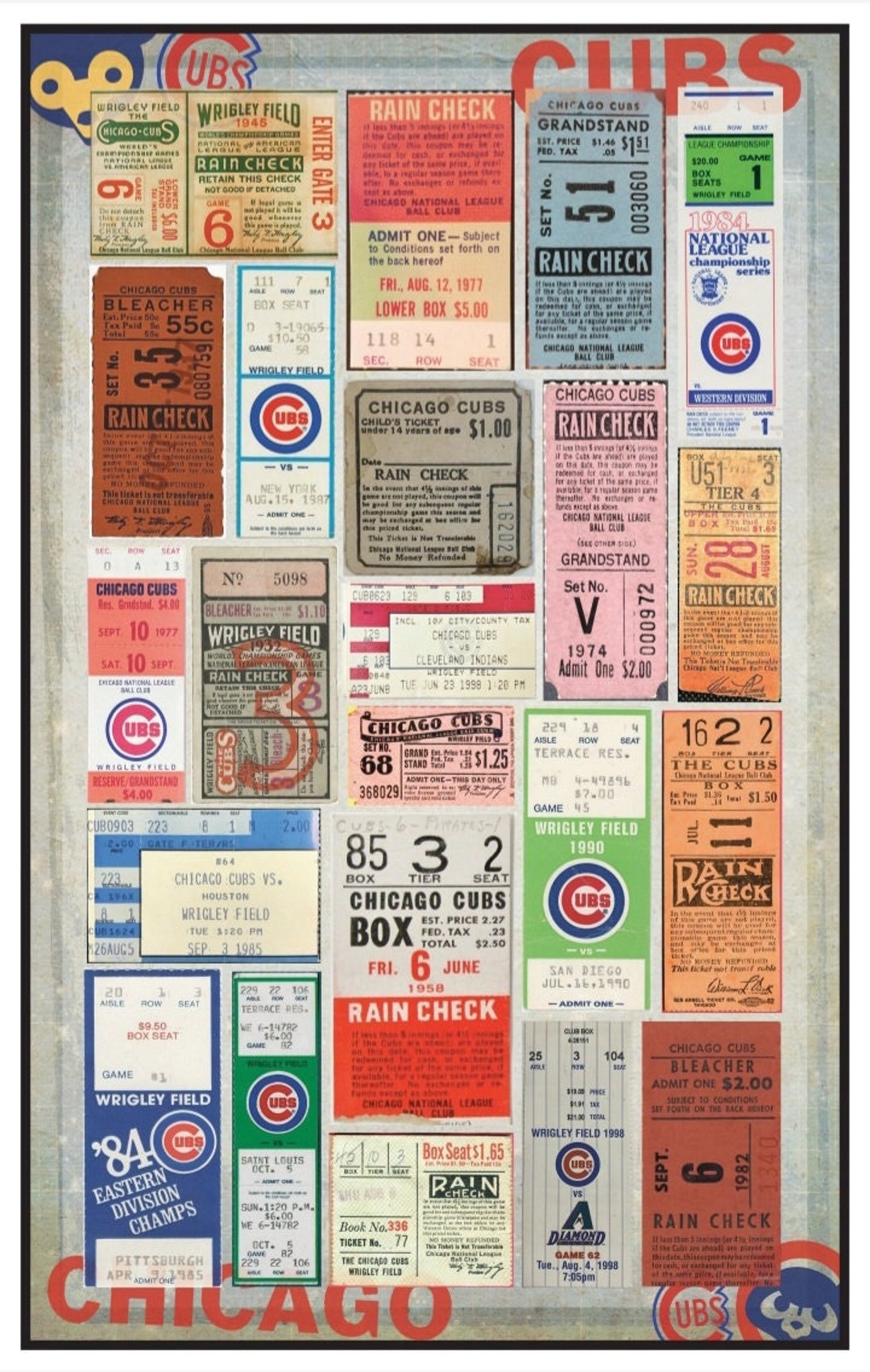 Chicago Cubs Vintage Ticket Stub Collage Print 15 by 24 or 11 by 17 - Etsy