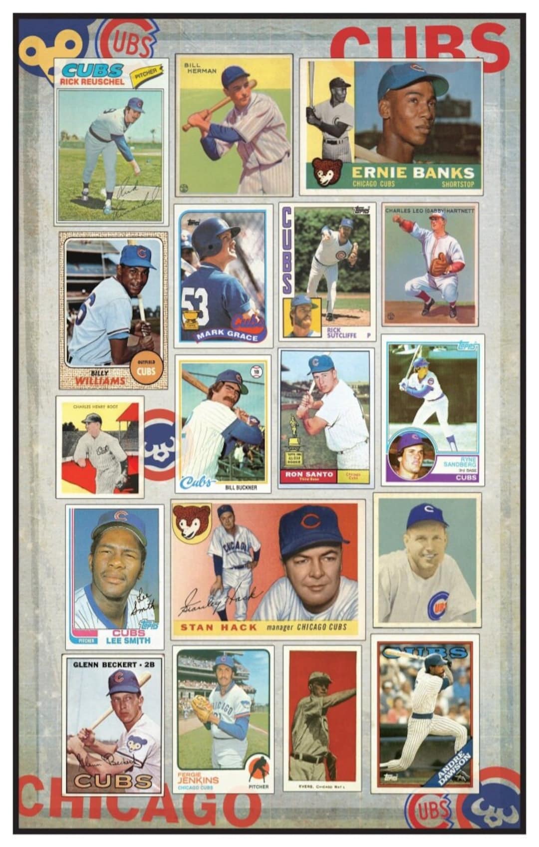 Chicago Cubs Vintage Baseball Card Collage Print 11 by 17 or 15 by 24 ...