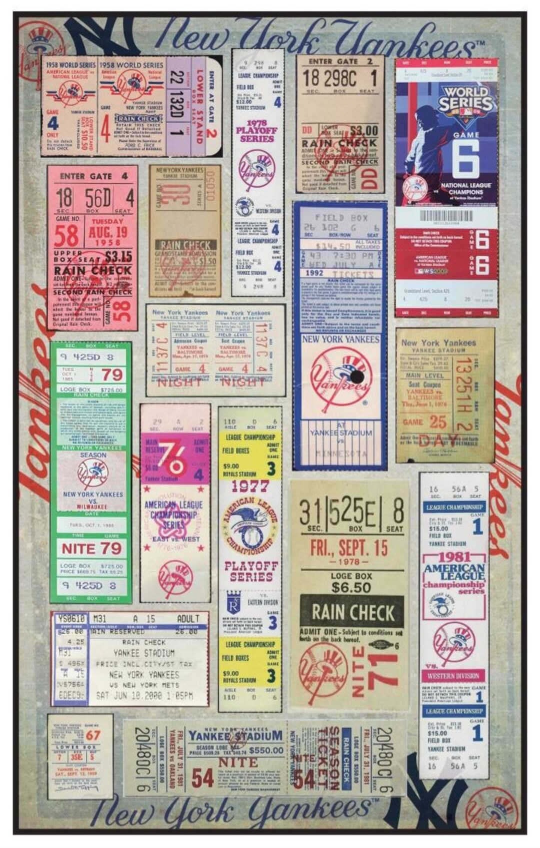New York Yankees Vintage Ticket Stub Collage Print 15 by 24 or 11 by 17 ...