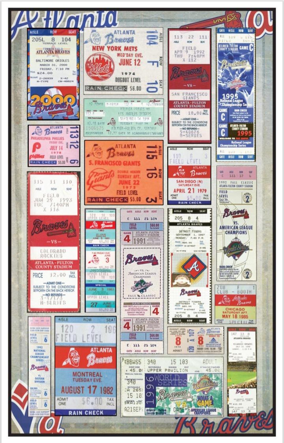 Atlanta Braves Vintage Ticket Stub Collage Print 11 by 17 or 15 by 24 ...
