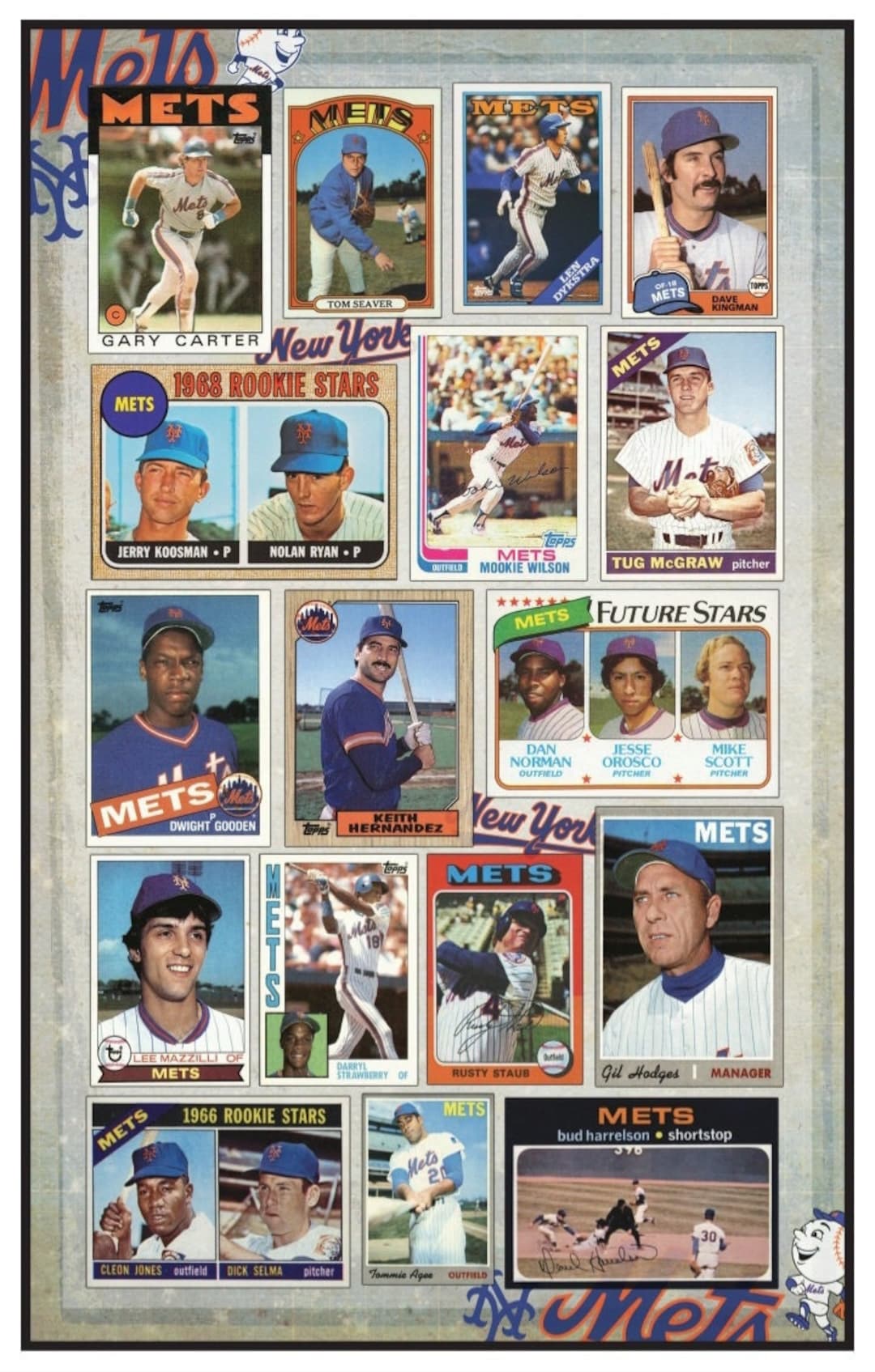 New York Mets Vintage Baseball Card Collage Print 11 by 17 or 15 by 24 ...