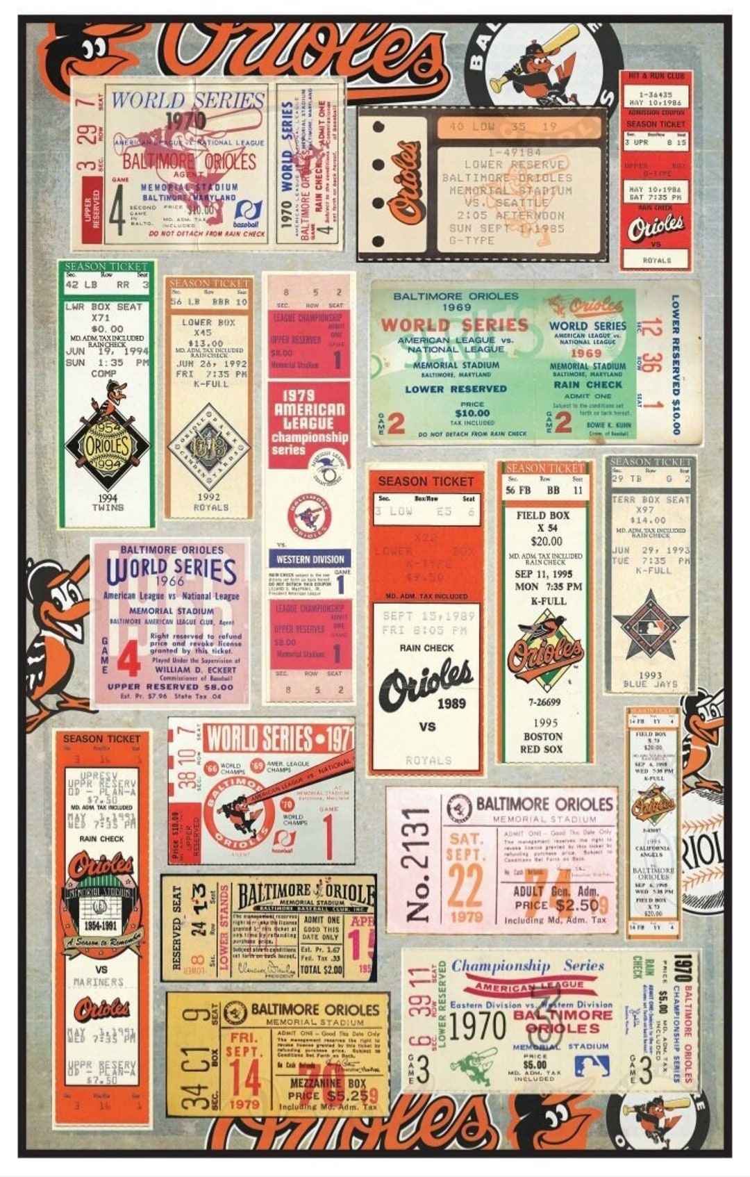 Baltimore Orioles Vintage Ticket Stub Collage Print 15 by 24 or 11 by ...