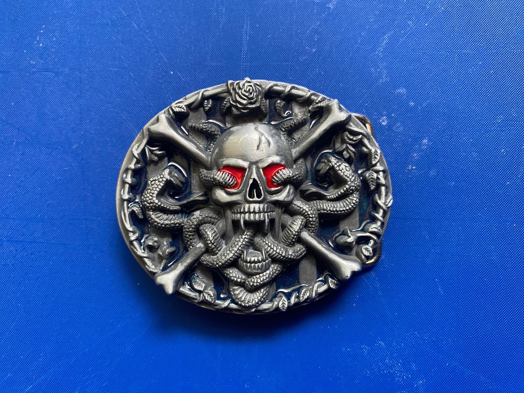 Vintage Skull & Crossbones With Snakes Enamel Belt Buckle, Skull ...