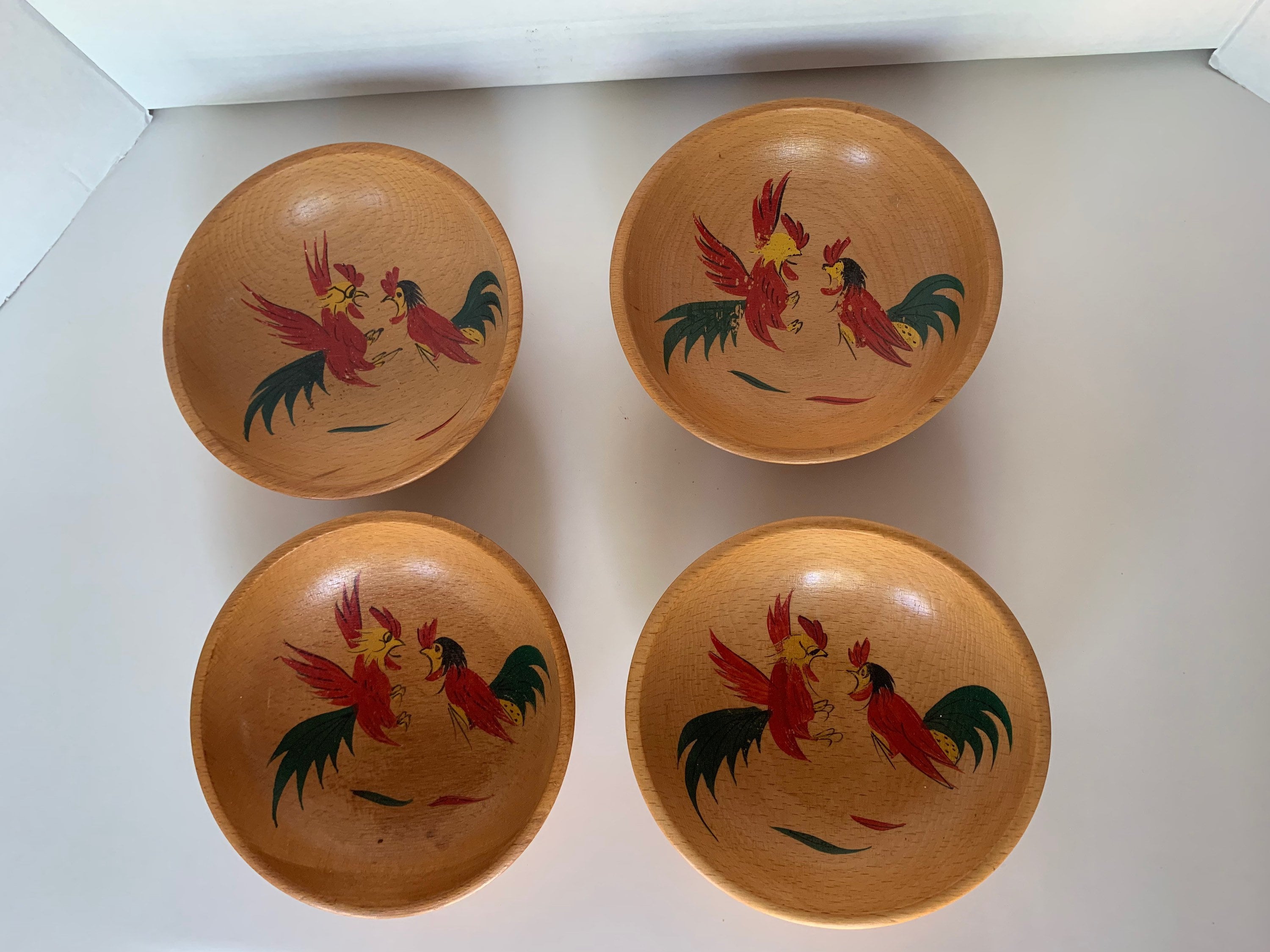 Vintage Wooden Bowls With Fighting Roosters, Set of 4 Hand Painted ...