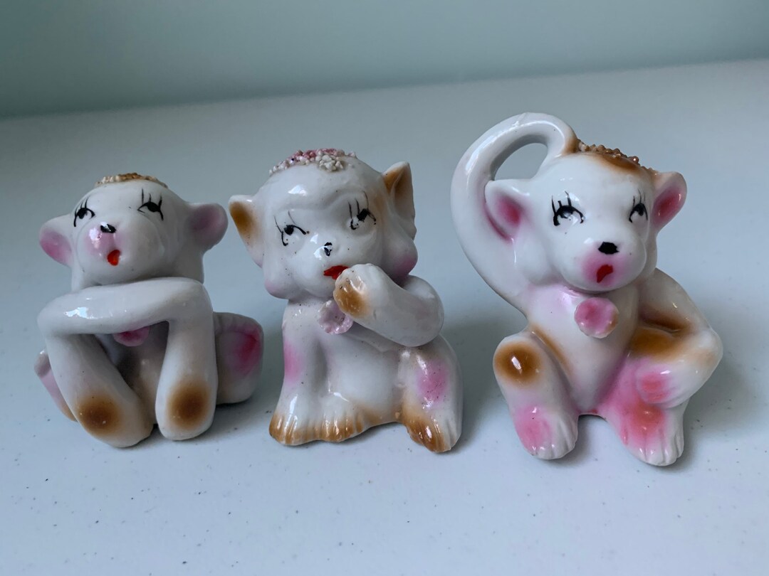 Vintage Spaghetti Porcelain Monkey Figures, Japan Monkeys in Poses ...