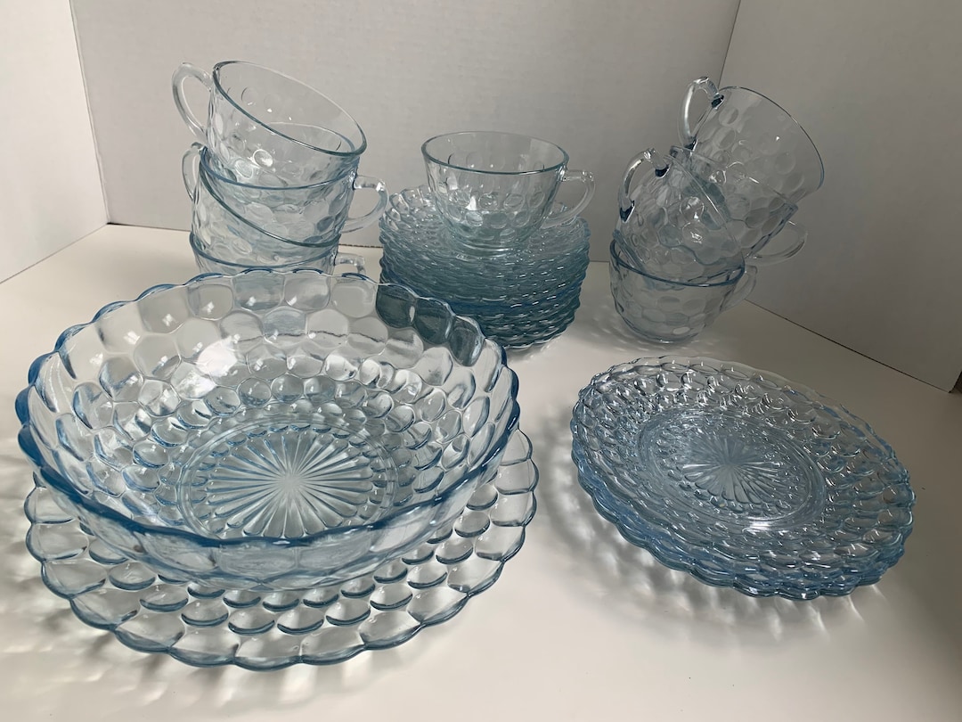 Vintage Blue Bubble Glass 23 Piece Dish Set, Vintage Blue Glass, Blue ...