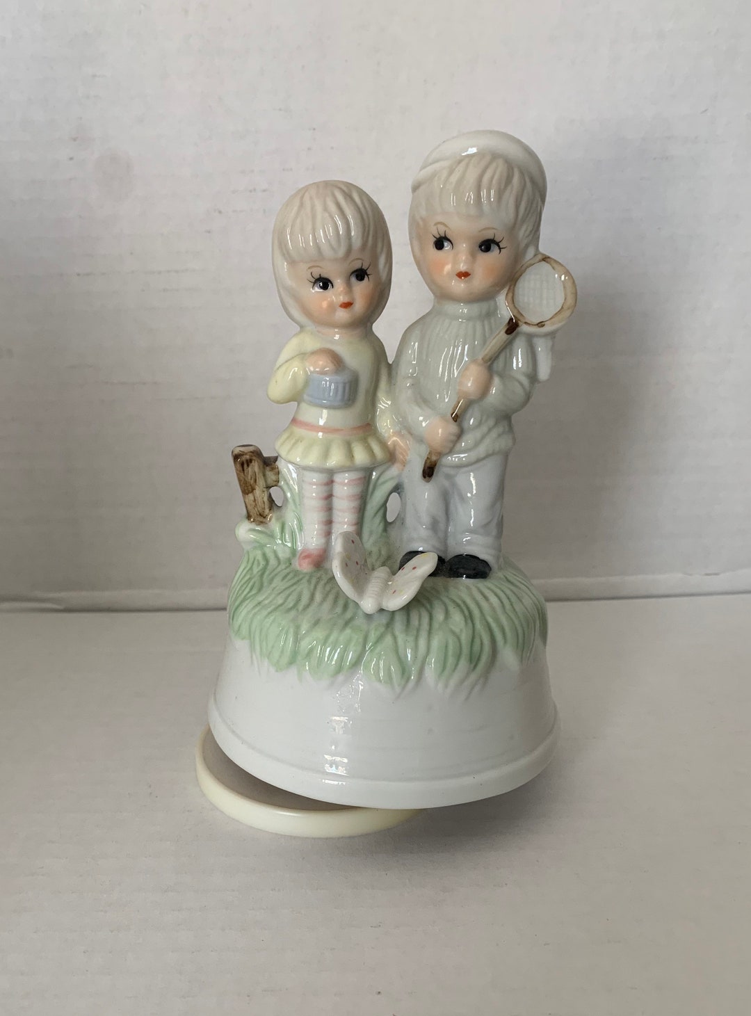 Vintage Porcelain Music Box Boy and Girl With Butterfly Catchers ...