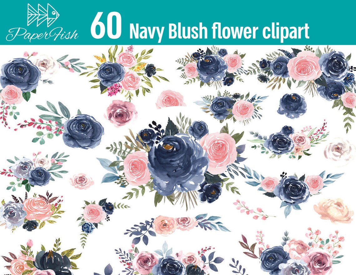 60 Navy and Blush Flower Floral Greenery Clipart Wedding - Etsy