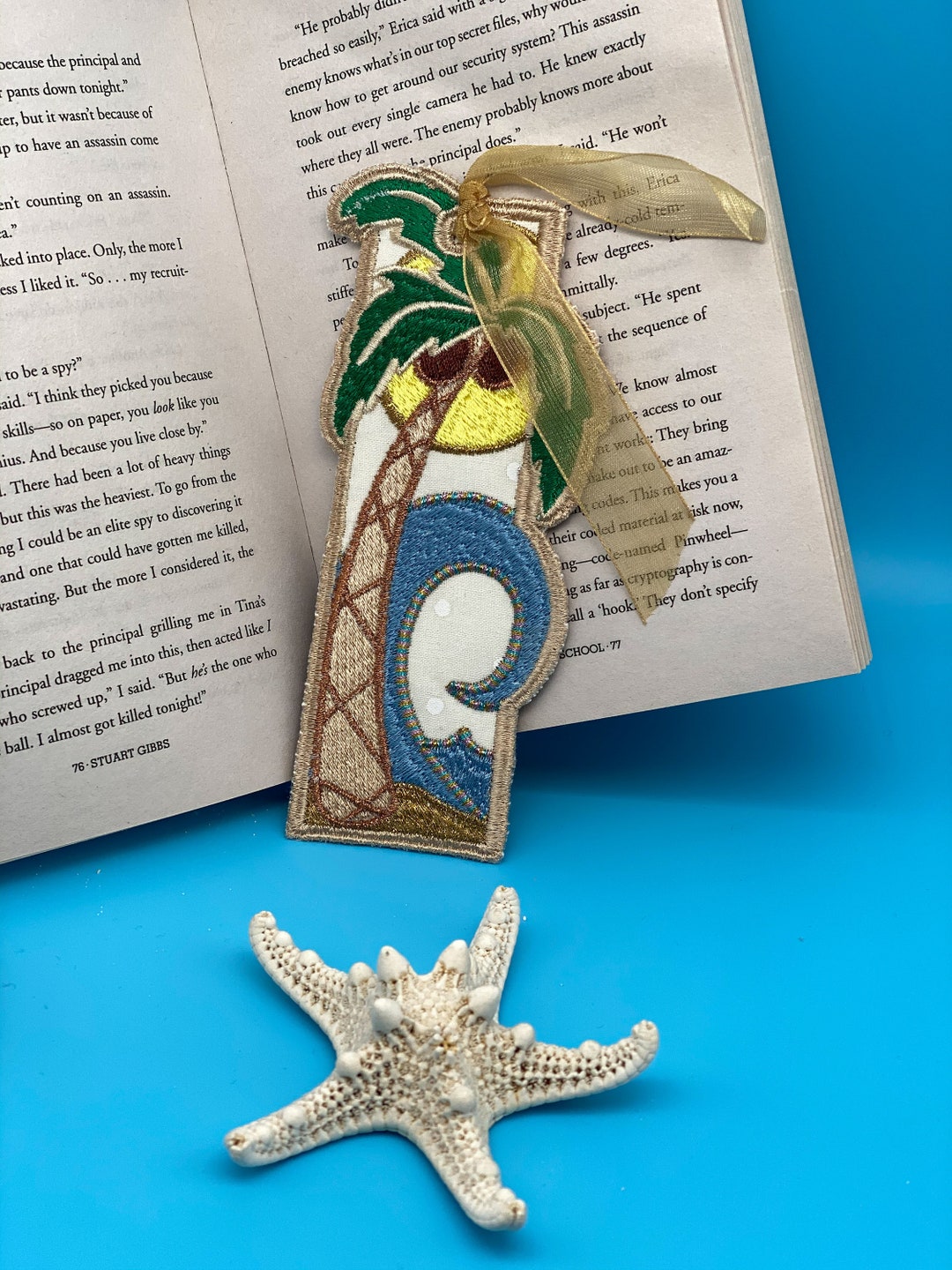 Personalised Palm Tree and Wave Embroidered Bookmark - Etsy