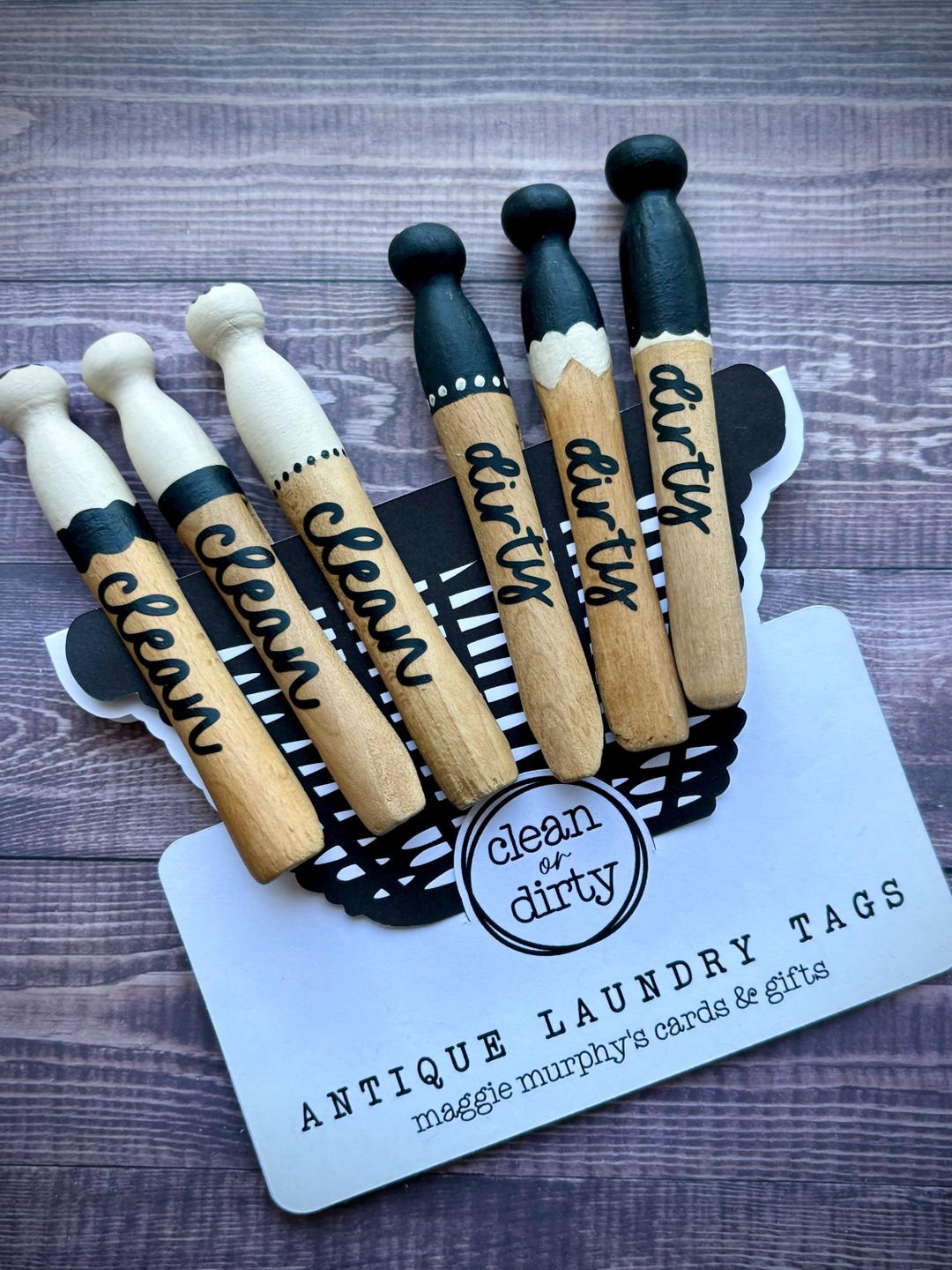 Antique Clean & Dirty Clip on Clothespin Tag for Laundry, Hand Painted ...