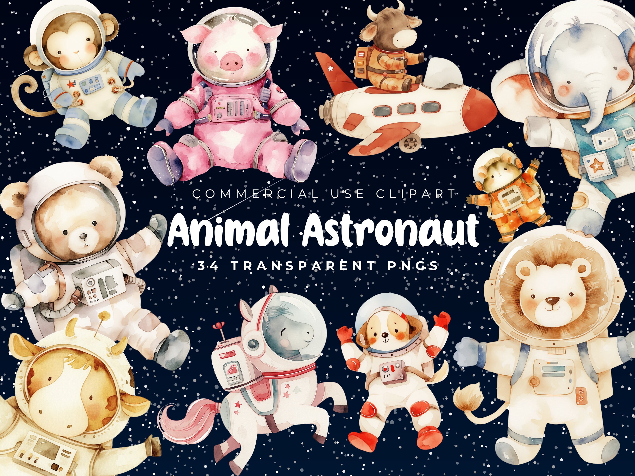 Astronaut Animal Clipart, Watercolor Cute Space Clipart, Astronaut ...