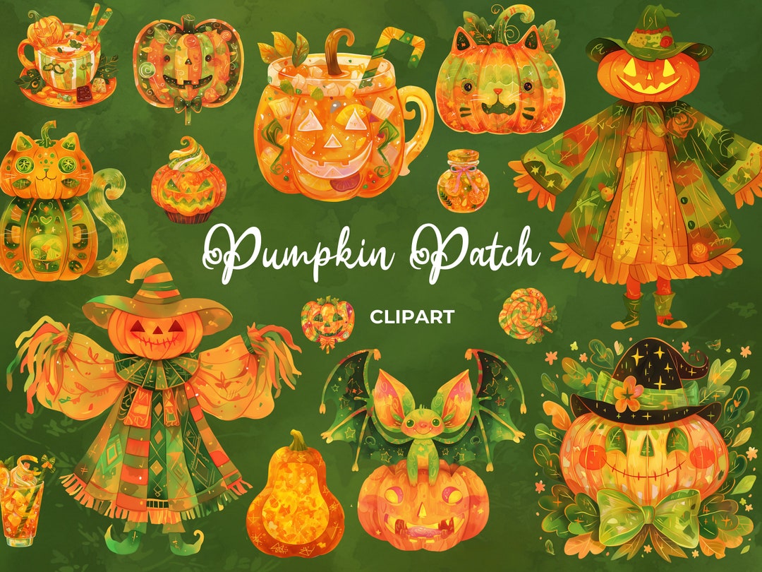 Pumpkin Patch Halloween Watercolor Clipart, Pumpkin Cartoon, Commercial ...