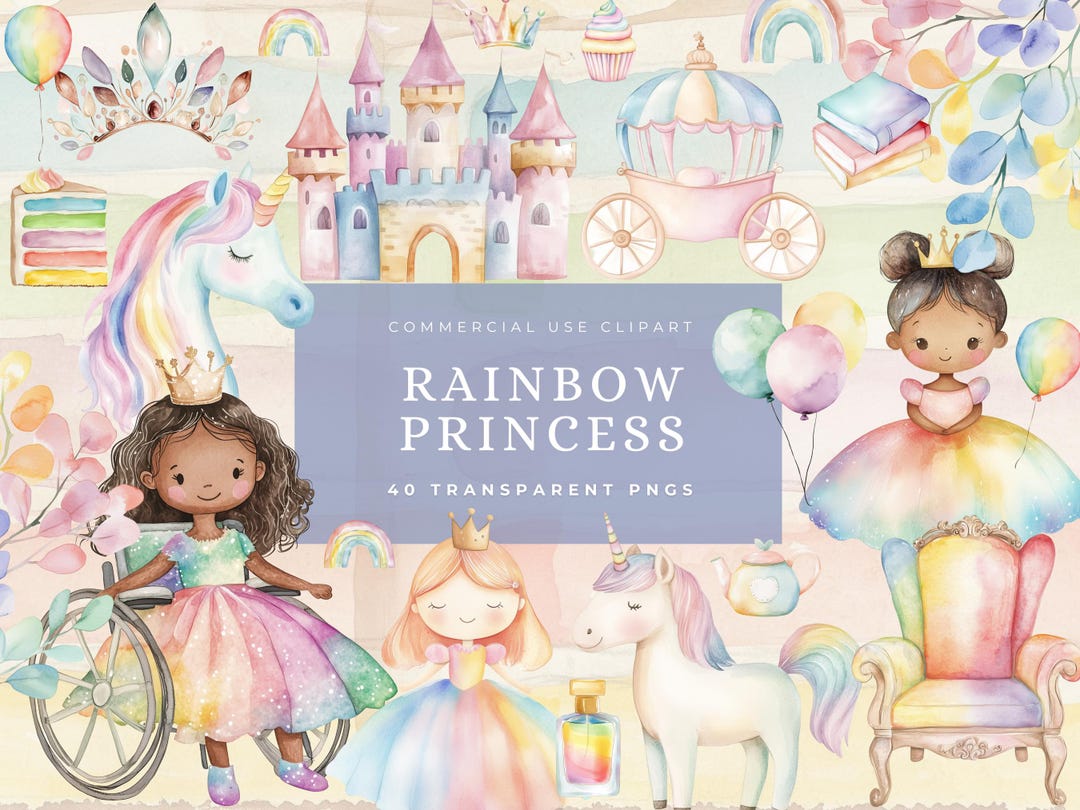 Rainbow Princess Watercolor Clipart, Cute Princess PNG, Colorful ...