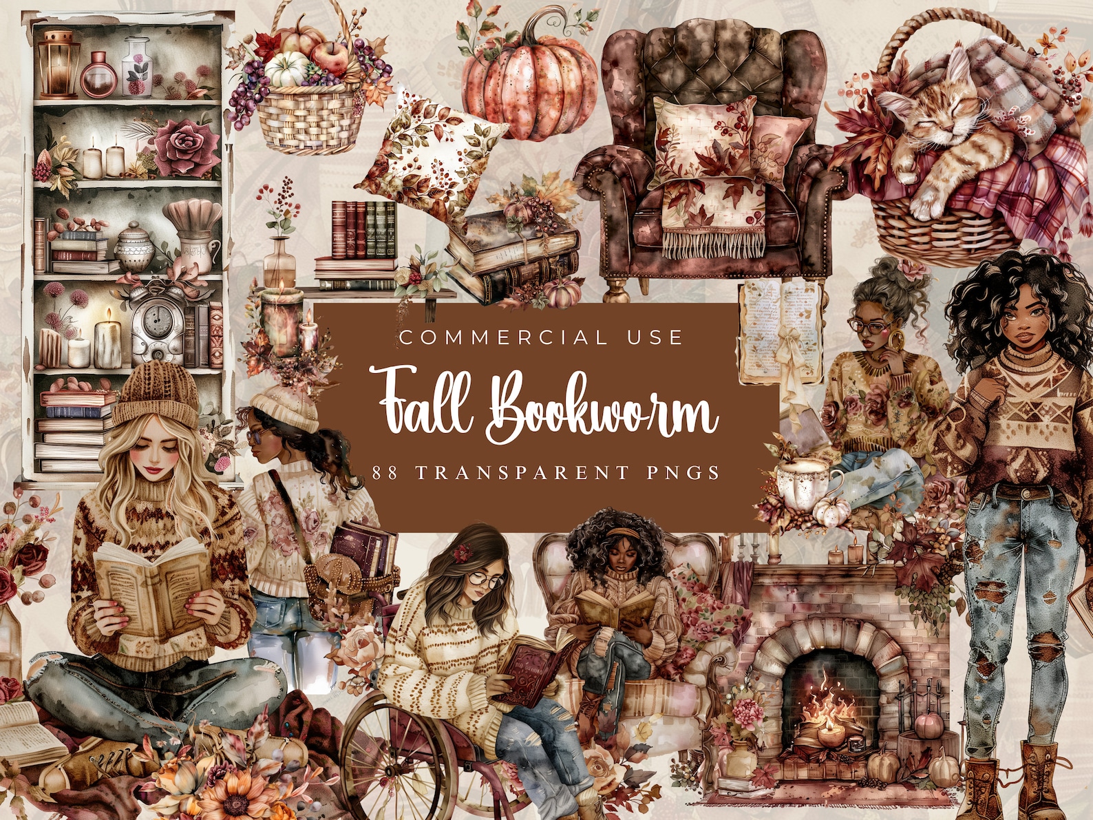 Watercolor Autumn Library Clipart Bundle, Fall Clipart PNG, Books ...