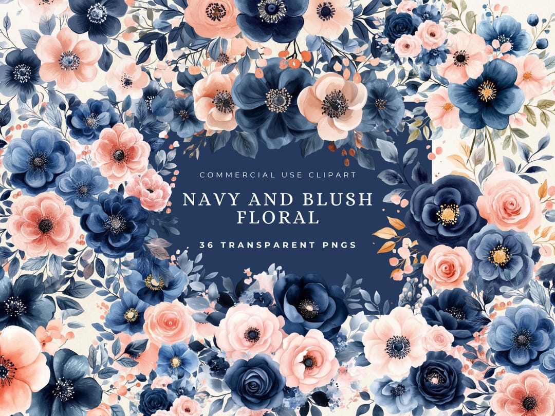 Navy and Blush Floral Clipart, Watercolor Blue and Pink Flowers, Blush ...