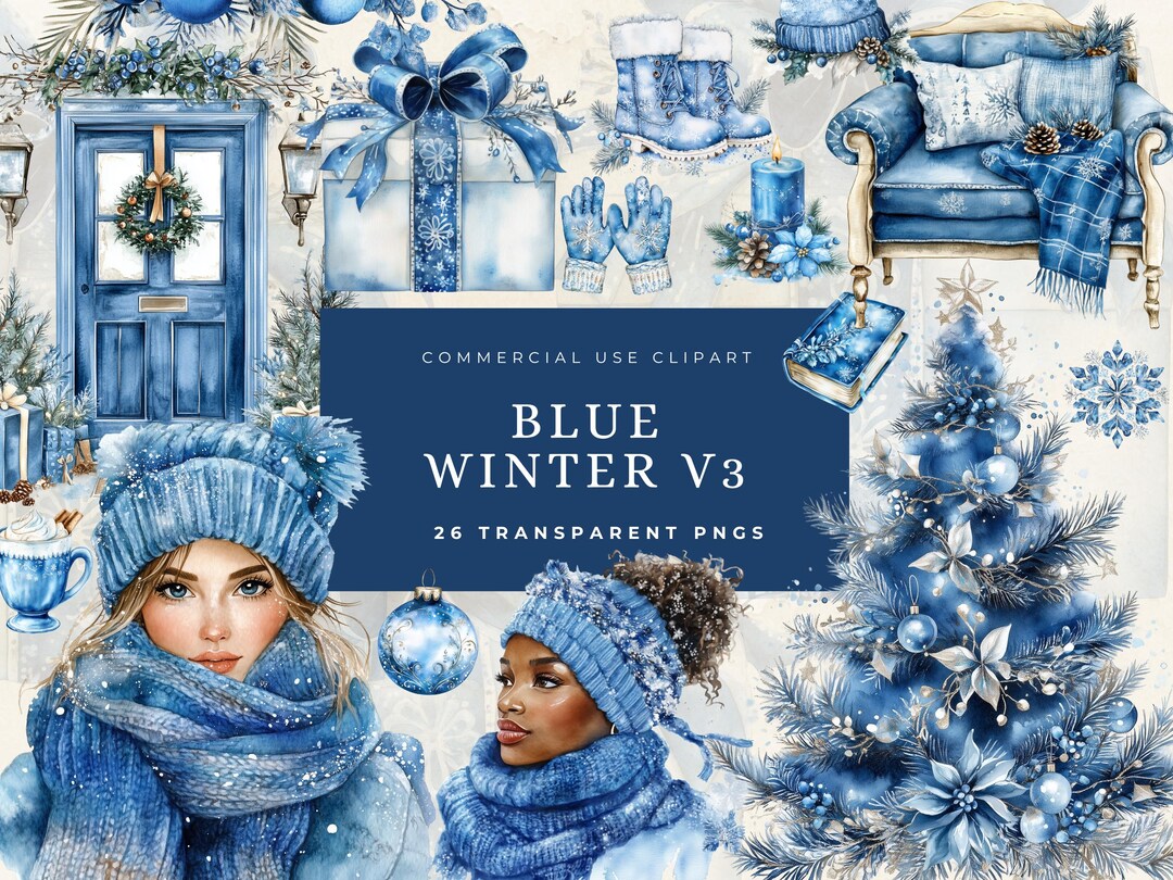 Hello Winter Watercolor Clipart, Cozy Winter PNG, Blue Christmas ...
