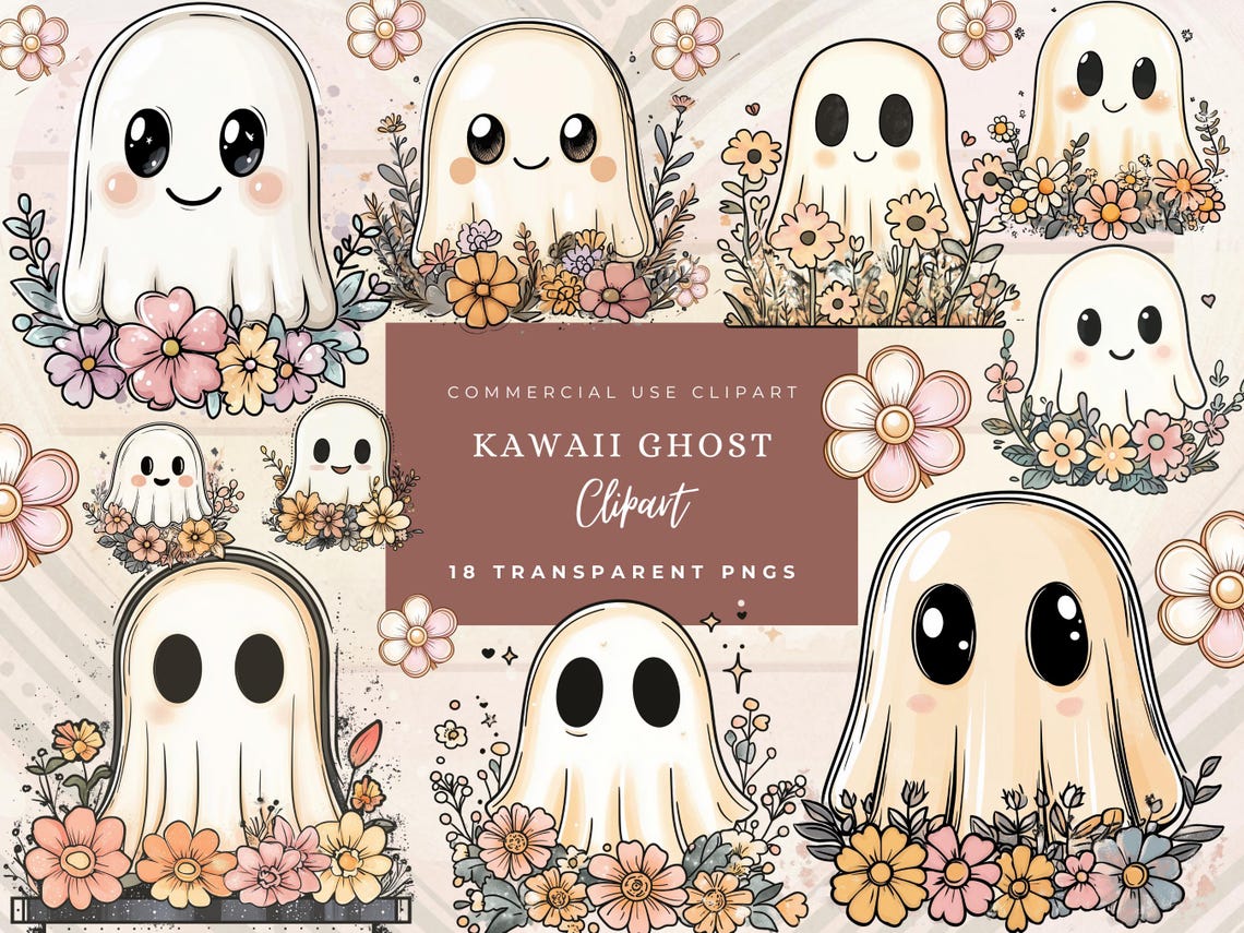 Retro Halloween Clipart Set, Kawaii Ghost, Spooky, Cute Halloween PNG ...