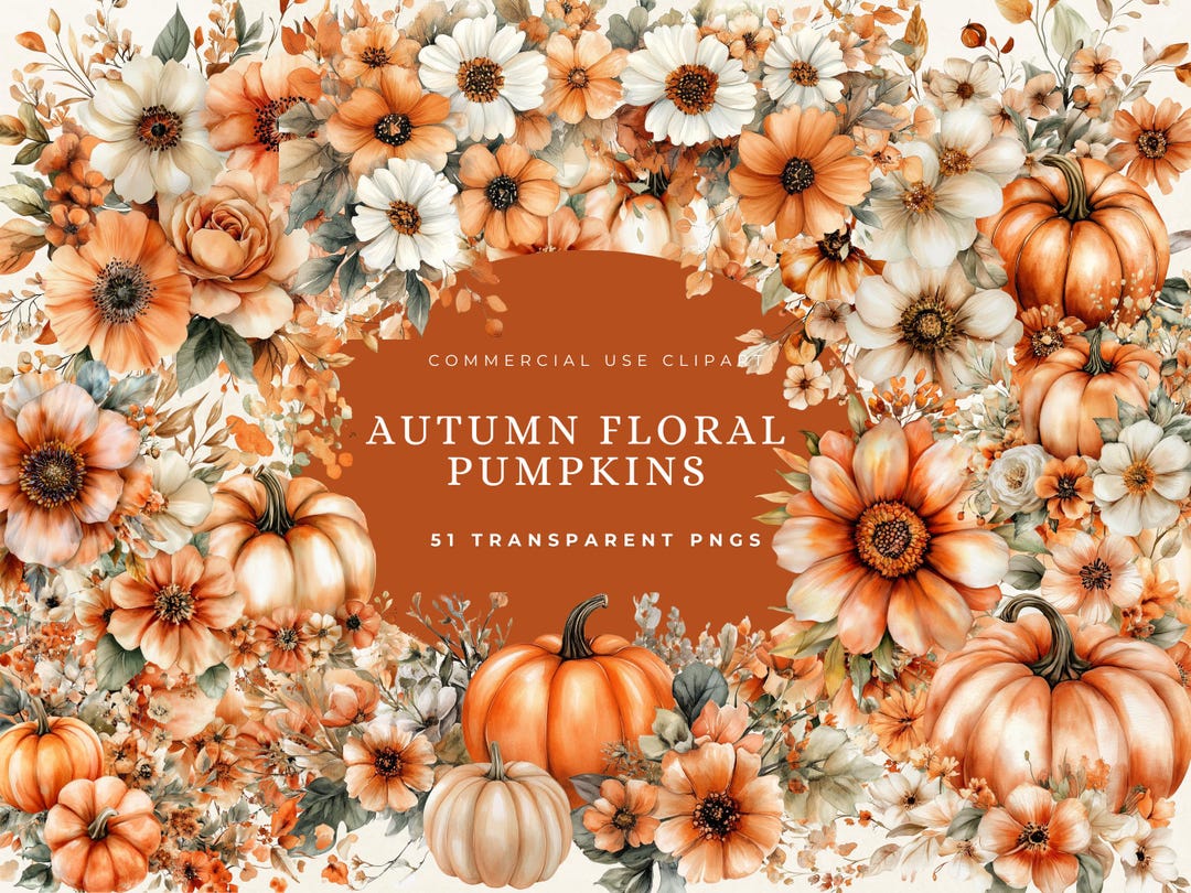 Pumpkins and Flowers Watercolor Autumn Clipart, Autumn Bouquets, Fall ...
