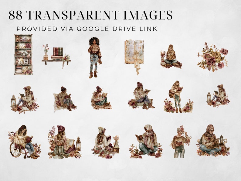 Watercolor Autumn Library Clipart Bundle, Fall Clipart PNG, Books ...