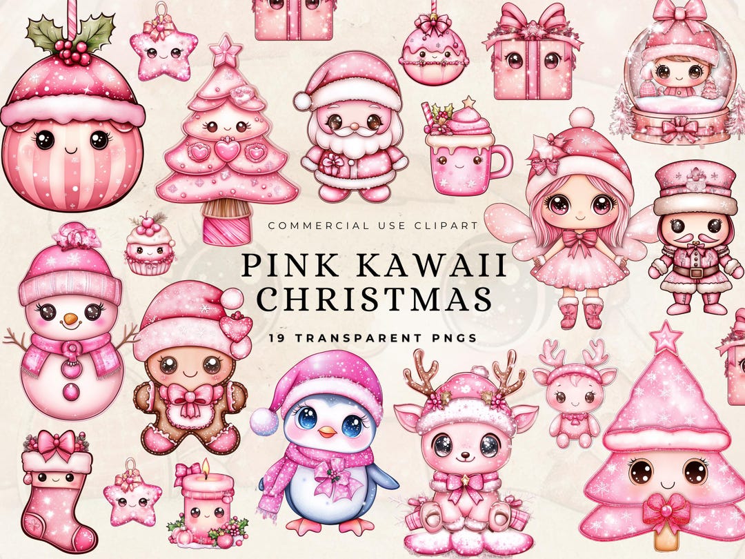 Pink Kawaii Christmas Clipart Bundle Cute Pink Christmas Transparent ...