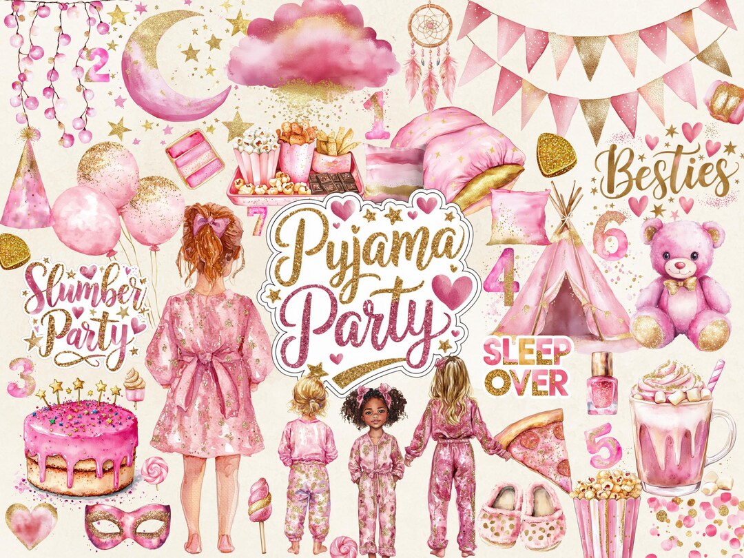 Preppy Birthday Invitation Clipart, Sleepover Graphics PNG, Sleepover ...