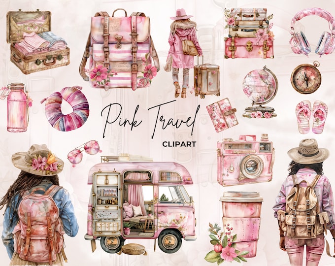 Pink Travel Watercolour Clipart Bundle, 22 Transparent PNG 300 Dpi ...