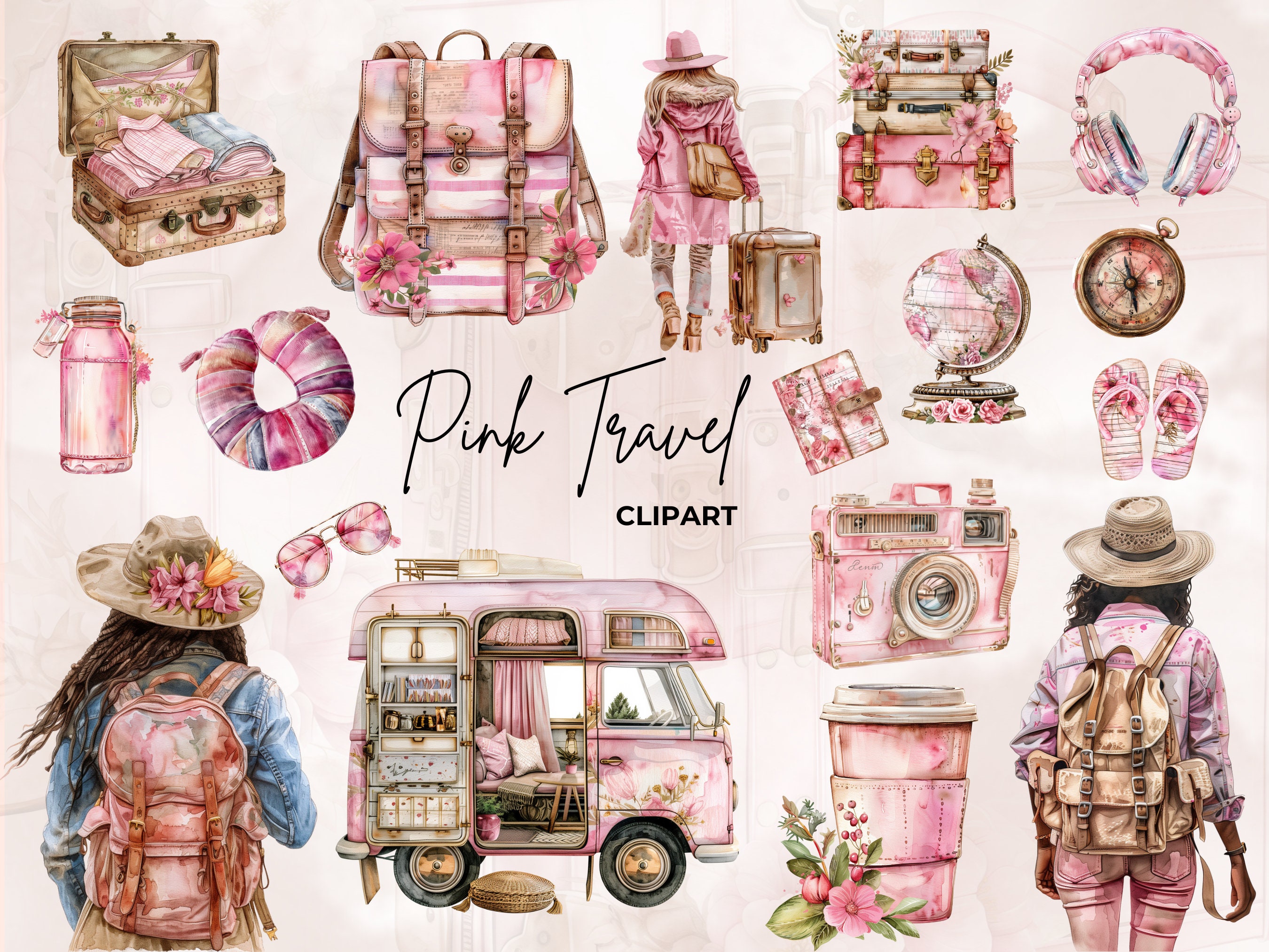 Travel Watercolor Clipart Pink Girly, Summer Clipart, Digital Download ...