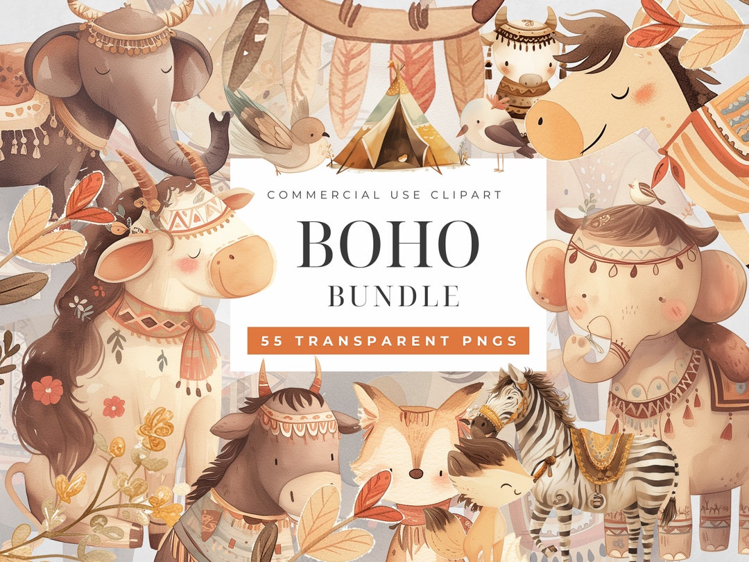 Cute Boho Doodle Clipart Bundle, Boho Baby Watercolor, Nursery Animal ...