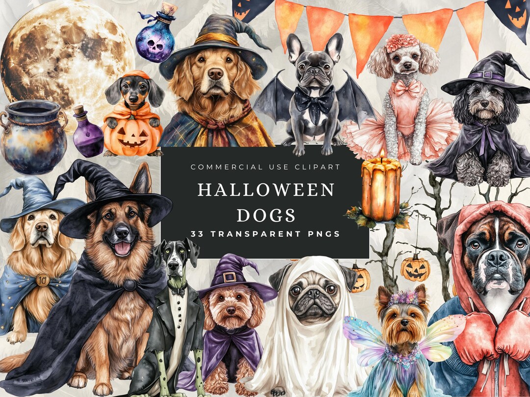 Halloween Dog Breeds Clipart Watercolor Cute PNG Bundle Digital Sticker ...