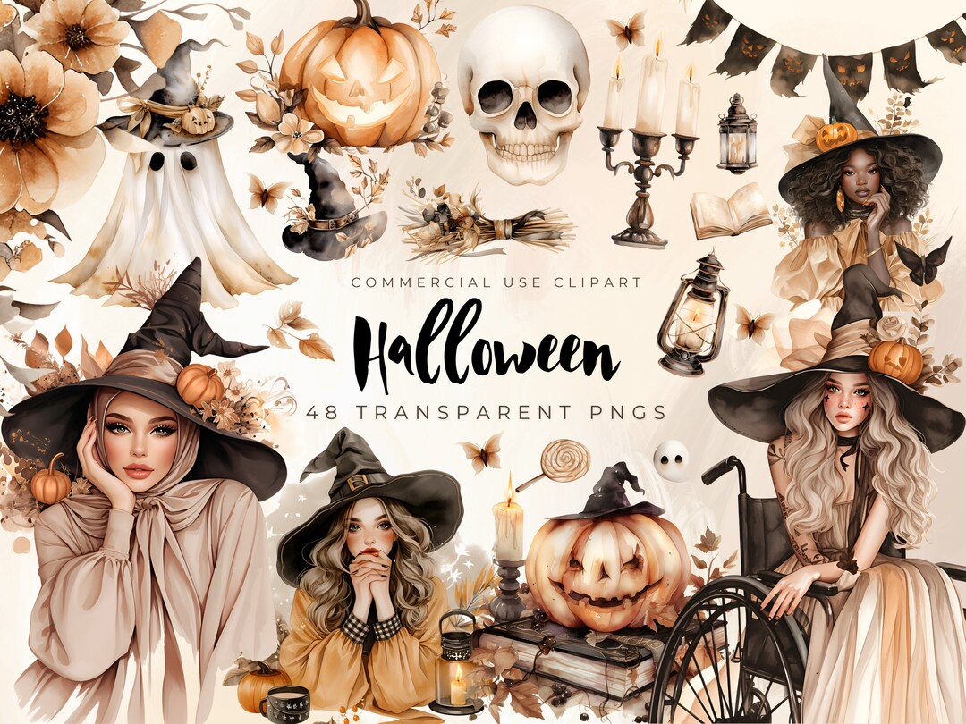 Watercolor Halloween Clipart, Beige Halloween, Witch, Ghost, Spider ...