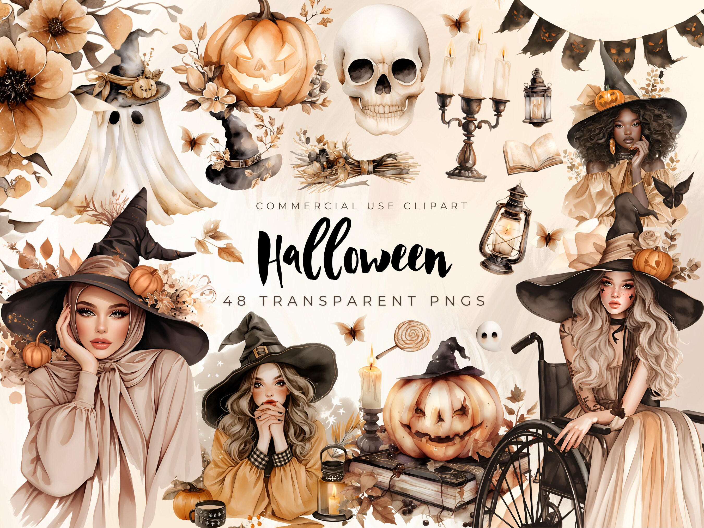 Watercolor Halloween Clipart, Beige Halloween, Witch, Ghost, Spider ...