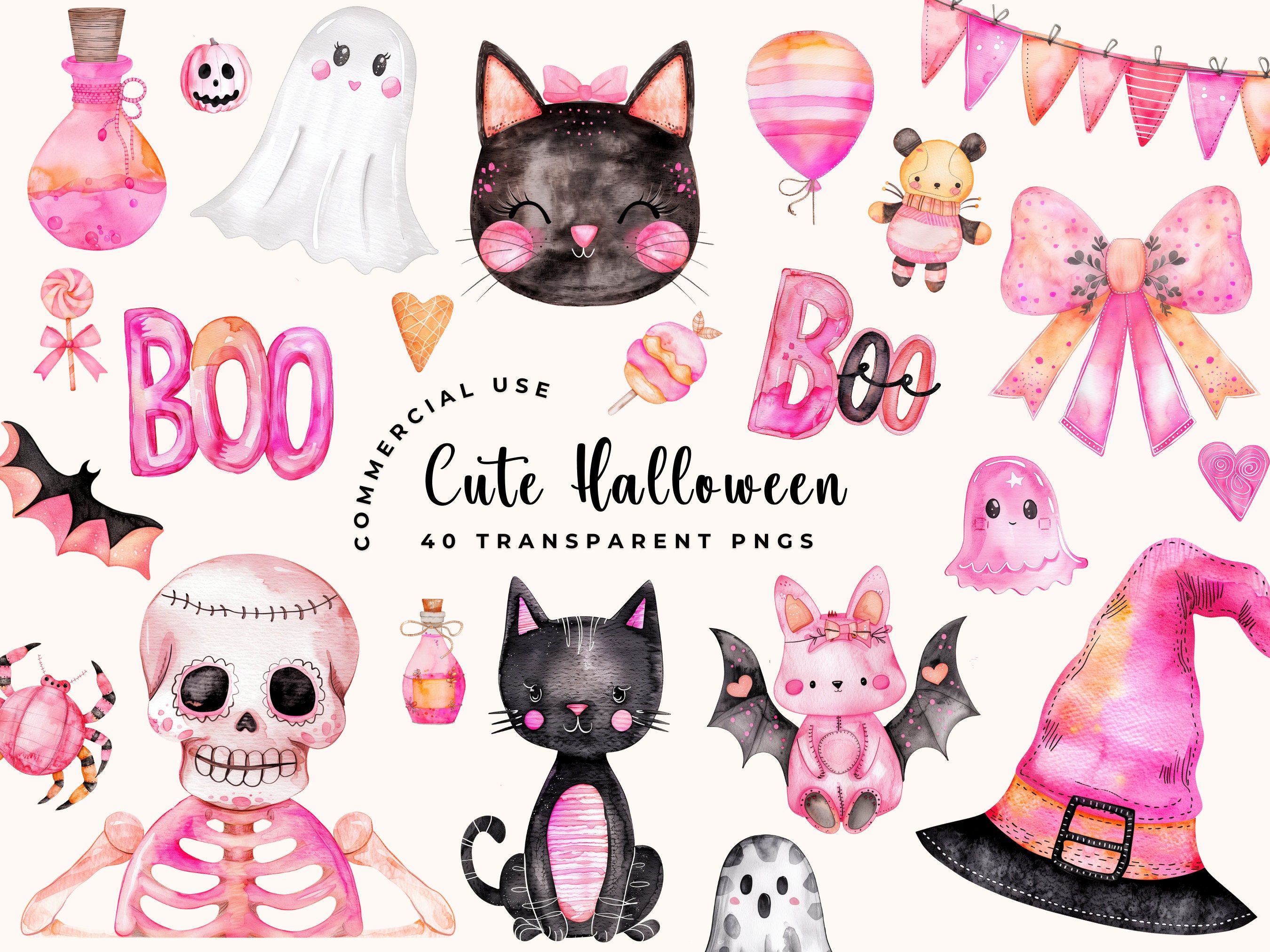 Pink Halloween Watercolor Clipart, Cute Pastel Halloween Girl PNG ...