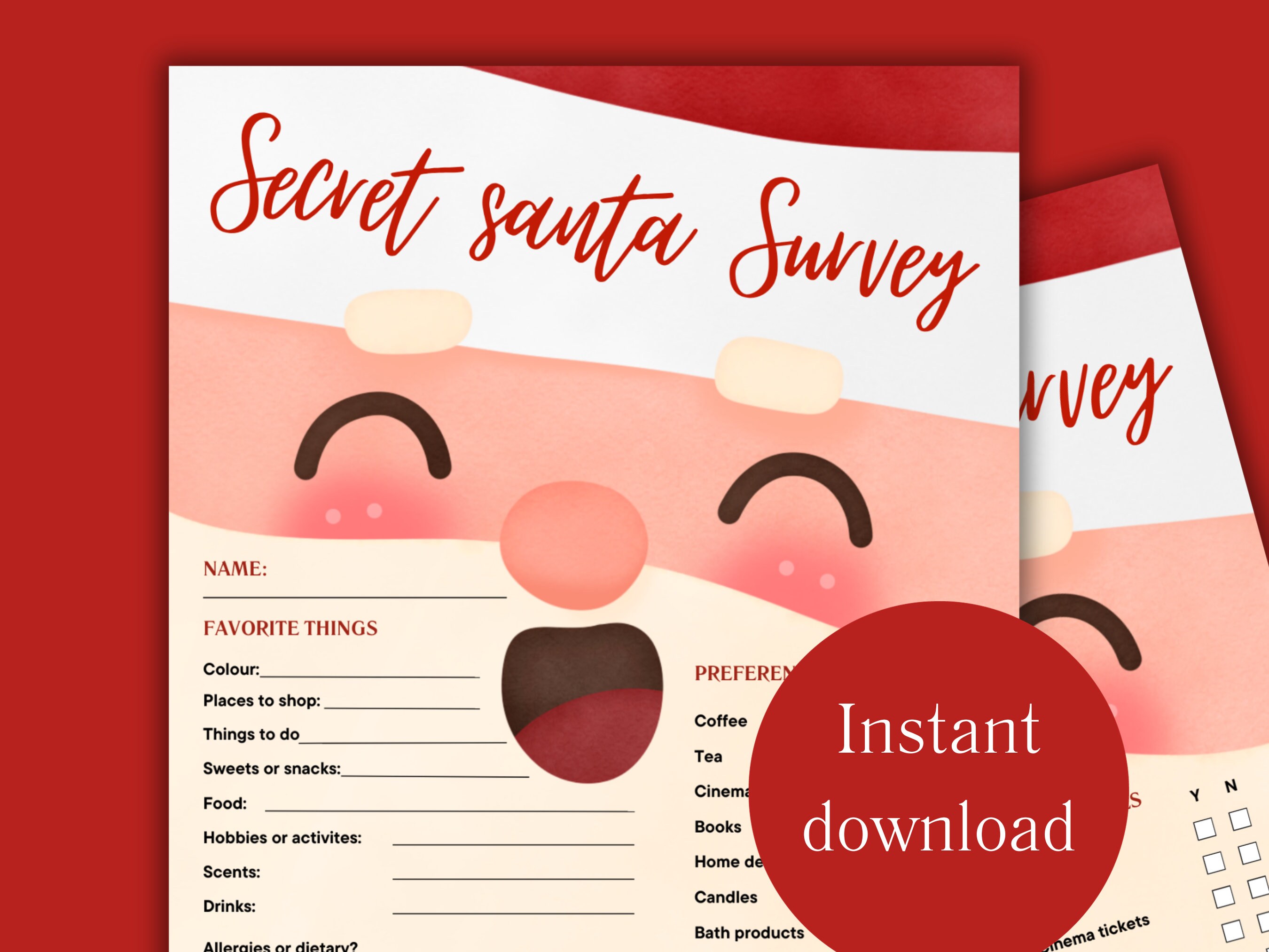 Secret Santa Survey Printable, Christmas Gift Exchange Wish List ...