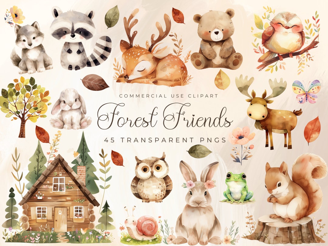 Woodland Animals Watercolor Clipart Forest Animals Clipart Cute ...