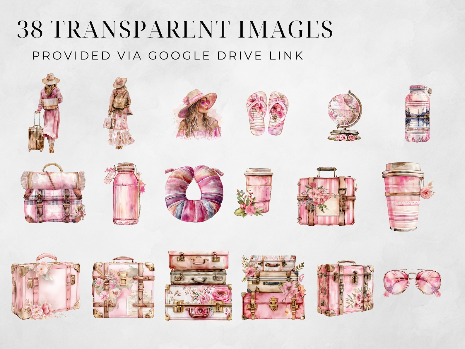 Travel Watercolor Clipart Pink Girly, Summer Clipart, Digital Download ...