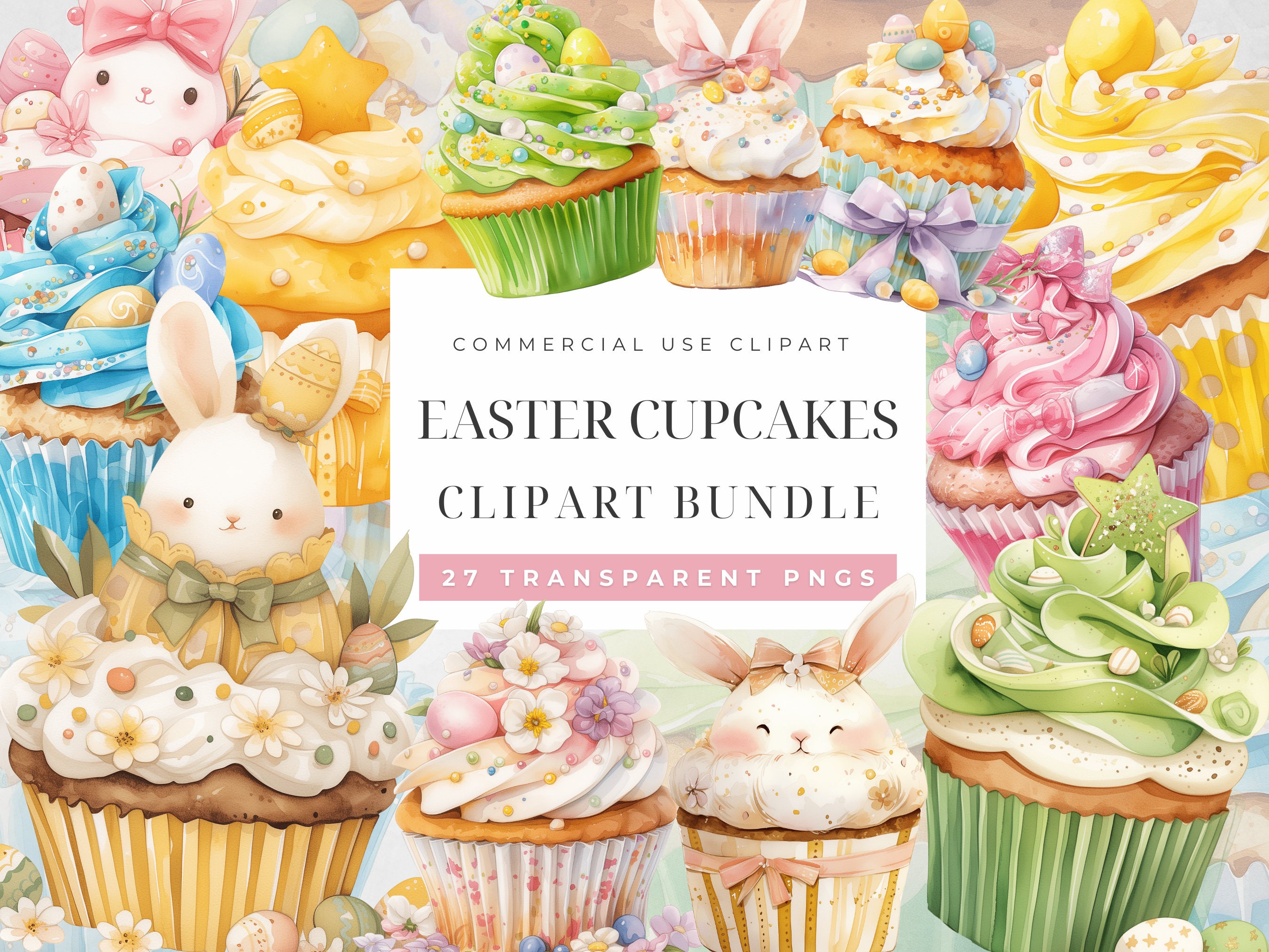 Easter Cupcake Clipart, Watercolor Cupcake Graphic Bundle, Spring ...