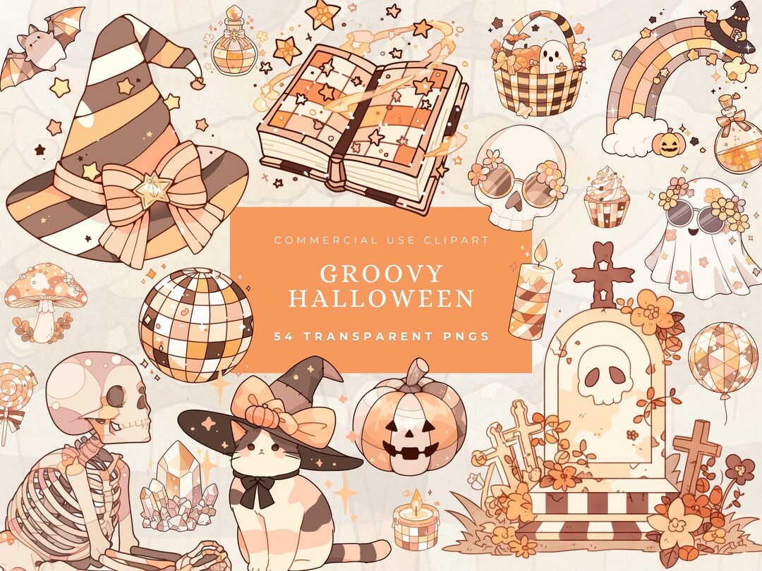 Retro Halloween Clipart Set, Kawaii Ghost, Spooky, Cute Holiday Sticker ...