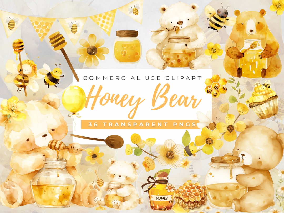 Bear and Honey Clipart, Bear With Honey, Watercolor Honey Bee Clipart ...