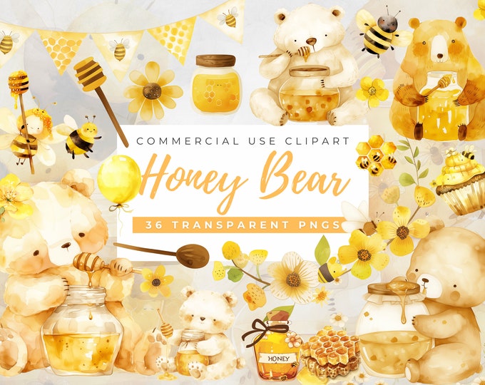 Bear and Honey Bee Clipart Set - Hand Drawn Digital Clipart - Bee Hive ...