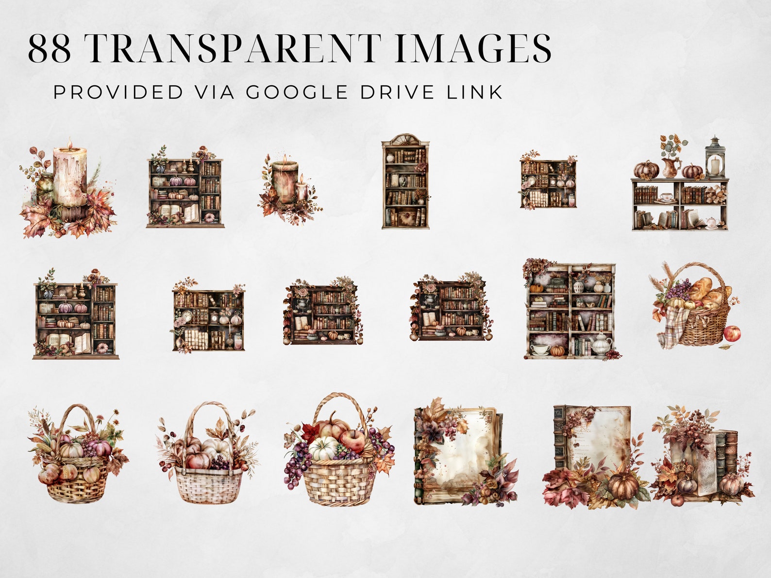 Watercolor Autumn Library Clipart Bundle, Fall Clipart PNG, Books ...