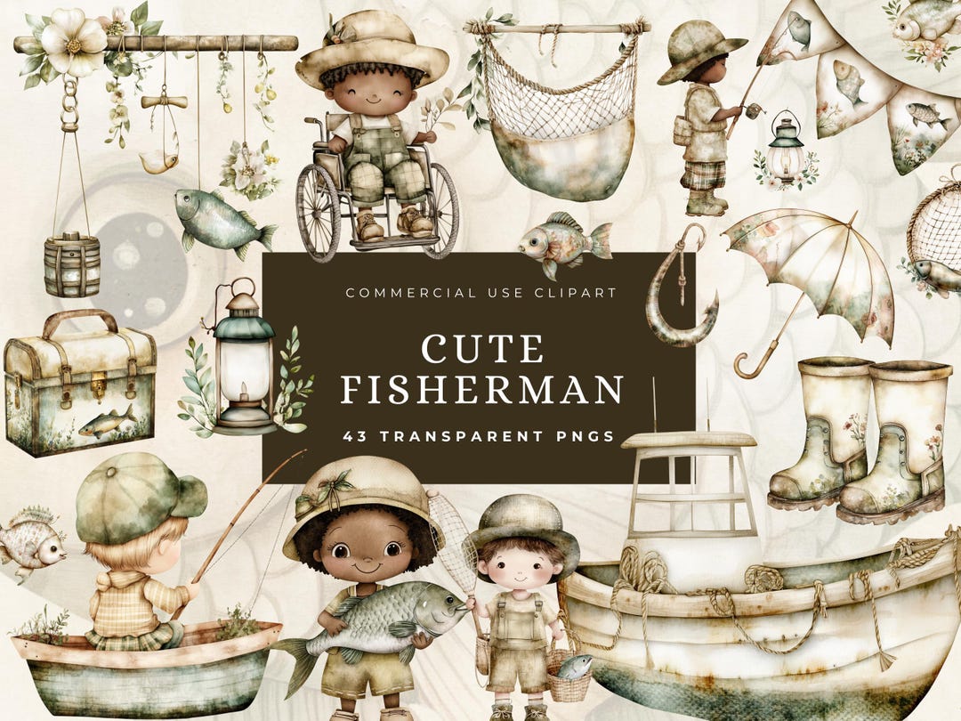 Little Fisherman Clipart, Little Boy Fishing, Printable Watercolor ...