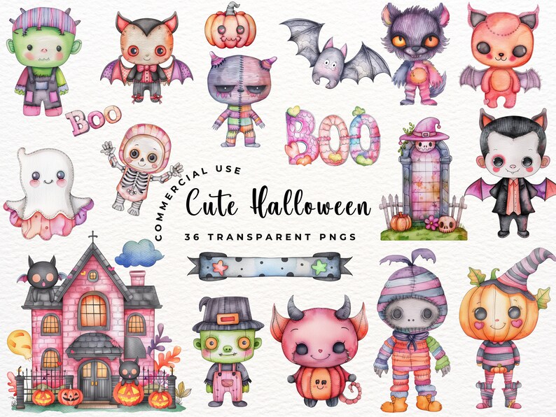Cute Halloween Watercolor Clipart Bundle, Witch Clipart, Black Cat ...