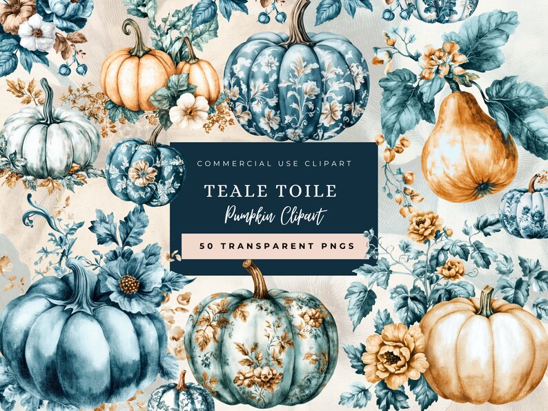 Toile Teale Pumpkin Clipart, Damask Fall Junk Journal Png, Fall ...