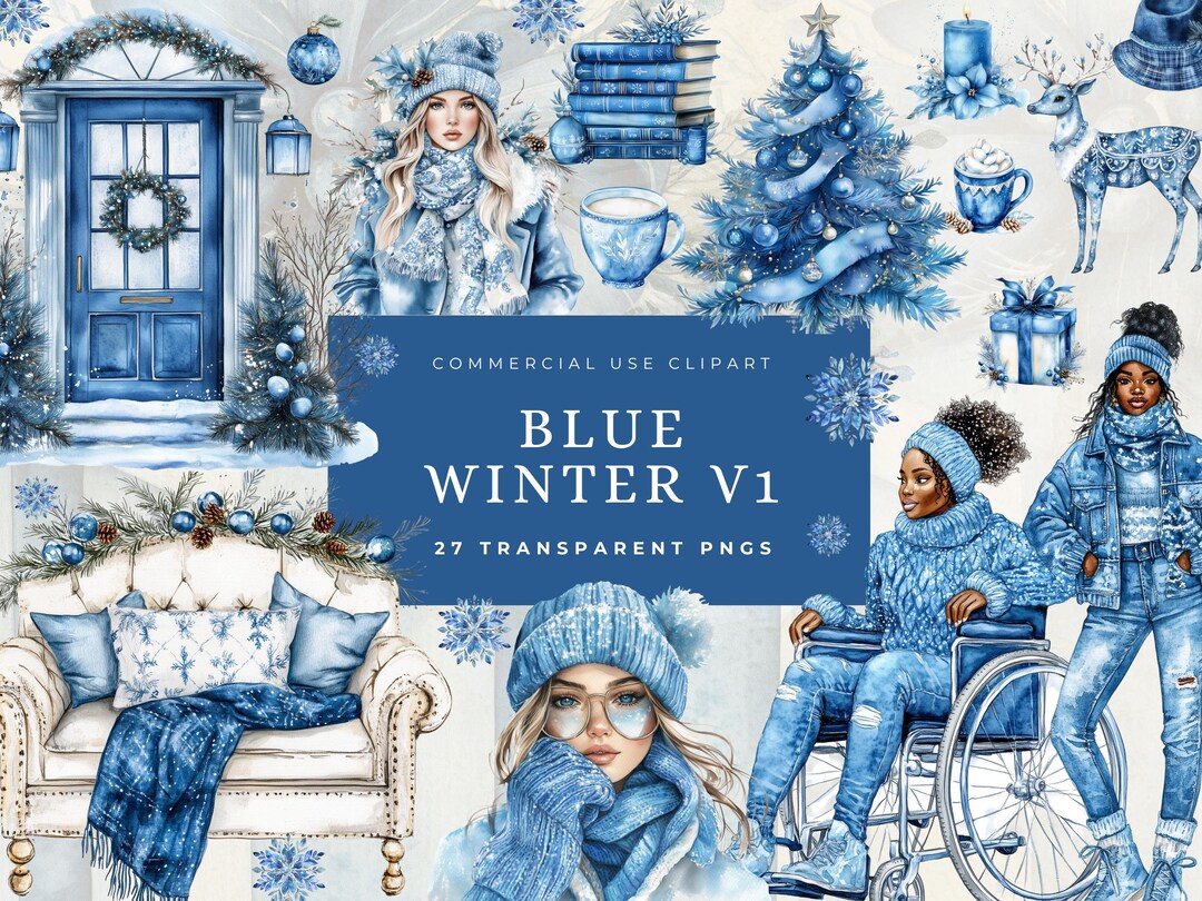 Hello Winter Watercolor Clipart, Cozy Winter PNG, Blue Christmas ...