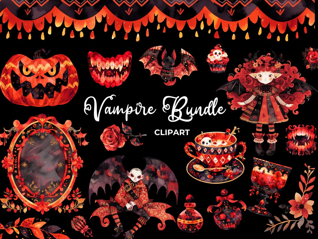 Watercolor Vampire Tea Party Clipart, Download, Vampire Teeth, Spooky ...