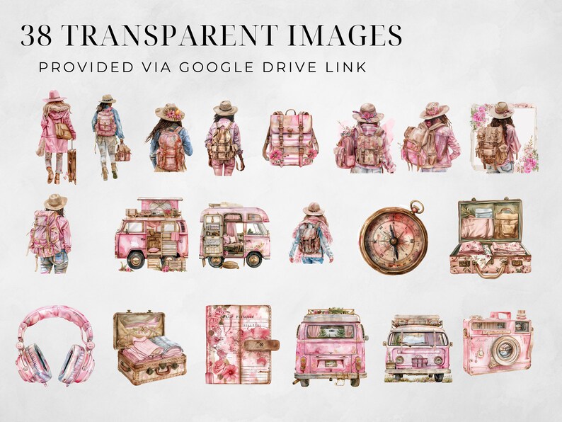 Travel Watercolor Clipart Pink Girly, Summer Clipart, Digital Download ...