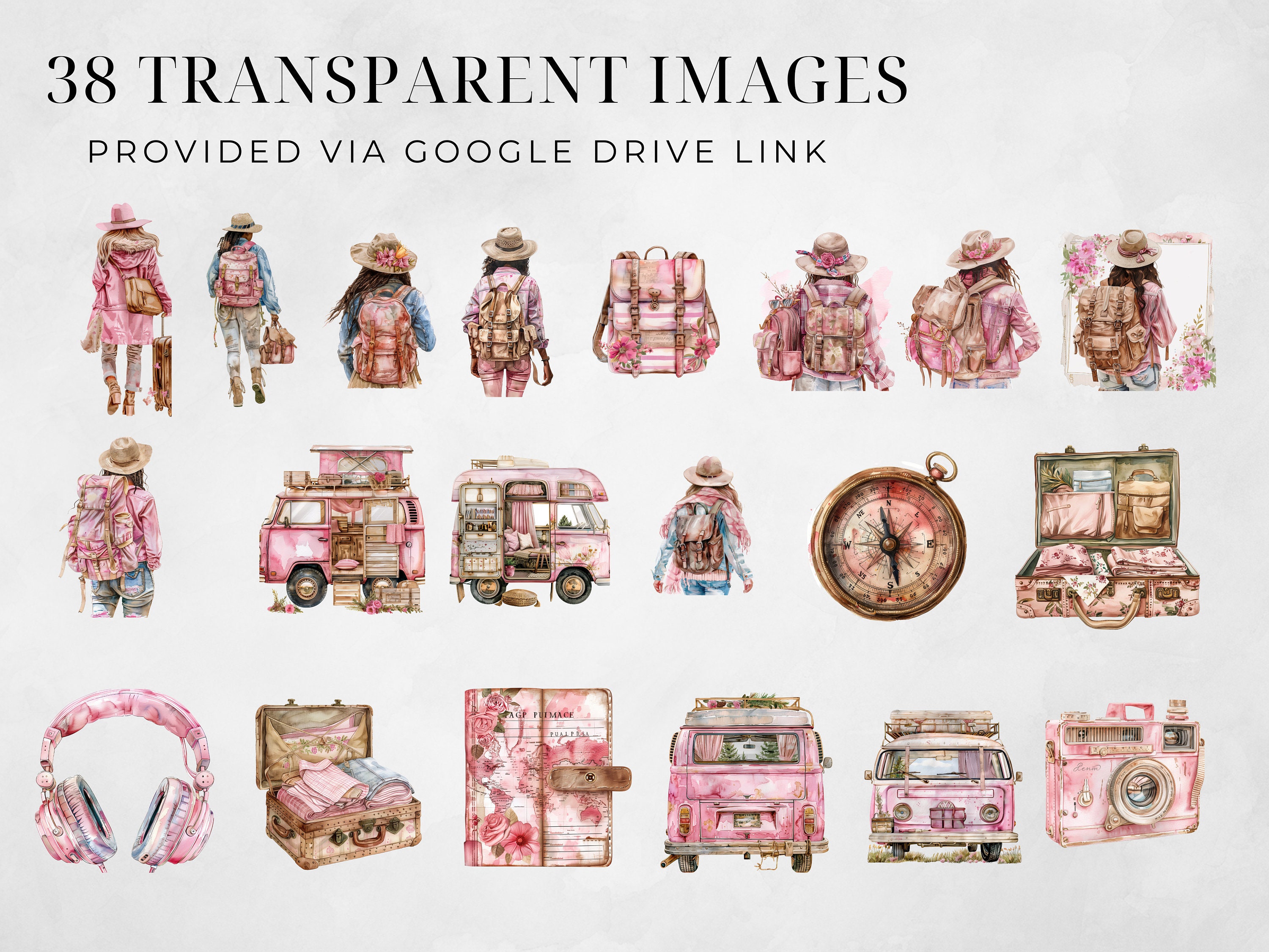 Travel Watercolor Clipart Pink Girly, Summer Clipart, Digital Download ...