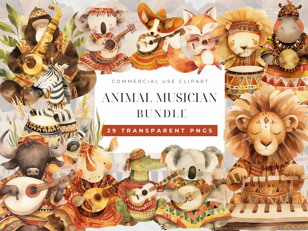 Musical Animals Clipart, Clipart Watercolor Musical Instruments, Band ...