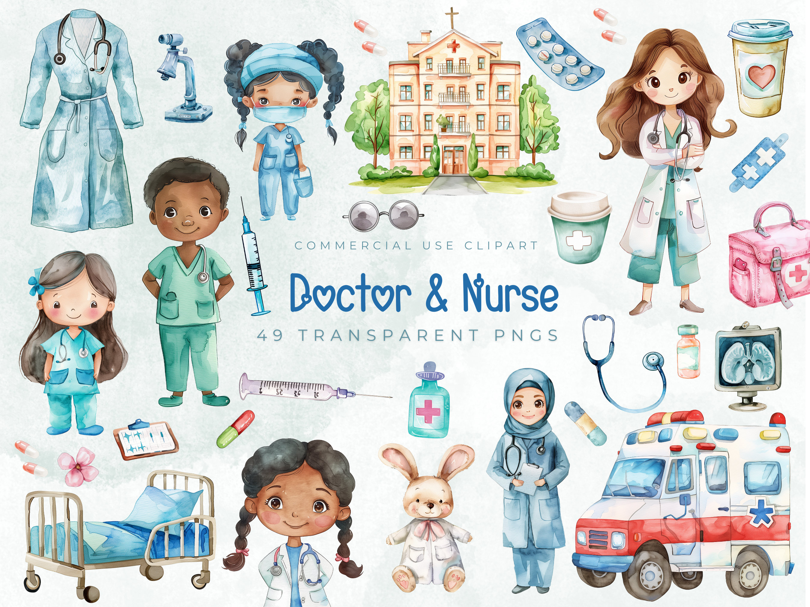Nurse and Doctor Clipart, Cute Nurse Clipart Bundle, Medical Watercolor ...